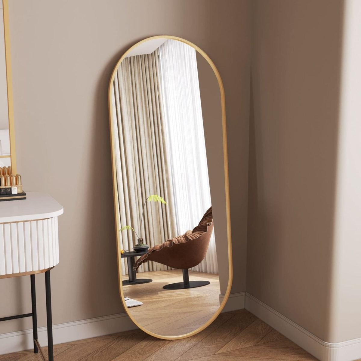 Emi - Gold Metal Runway Oval Mirror - 120cm x 40cm – Aspect Homeware