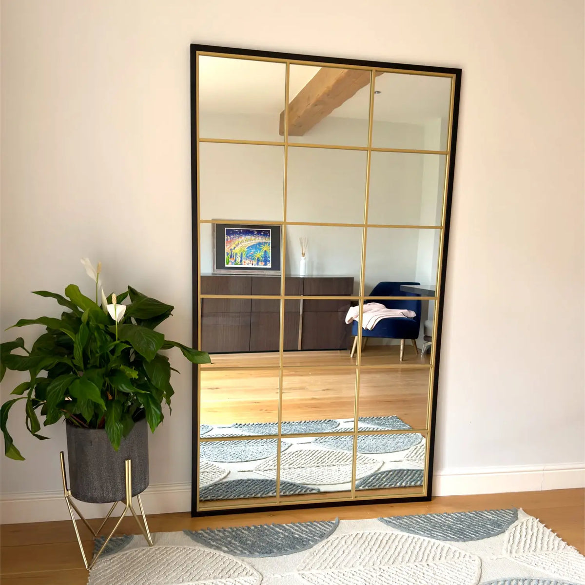 Kyō - Full Length Black and Gold Metal Rectangle Lattice Grid Mirror ...